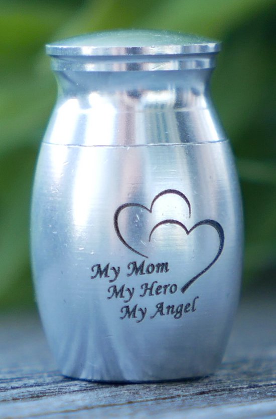Mini urn Zilver - Met tekst 'Mom' en Hartje – In je hart bewaren